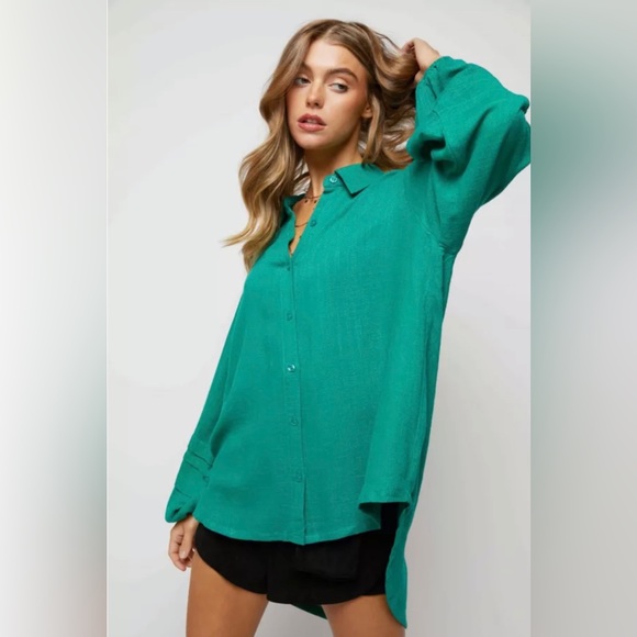 DAVI & DANI | Tops | Linen Pleated Classic Green Shirt | Poshmark
